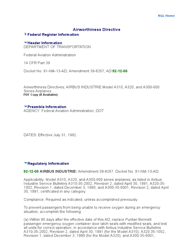 FAA Airworthiness Directive for Airbus Aircraft | PDF | Federal ...