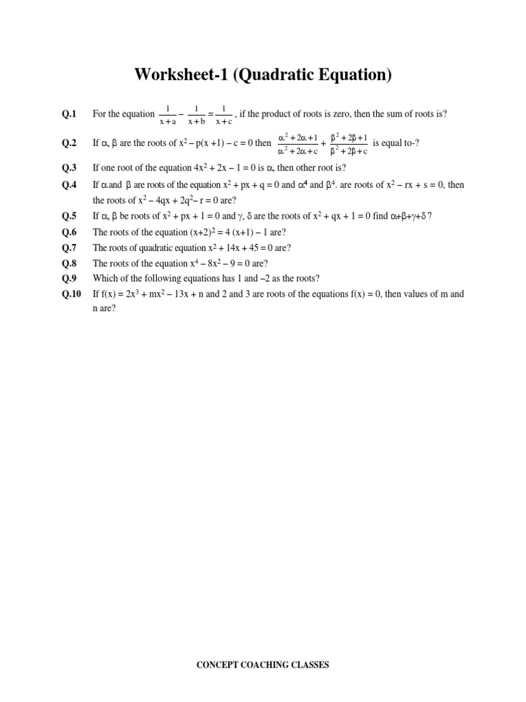 Worksheet-1 (Quadratic Equation) : A X 1 B X 1 C X 1 | Download Free ...