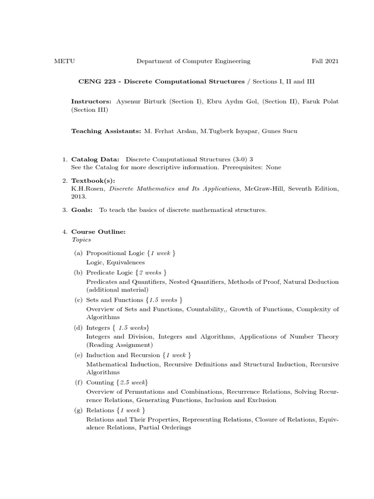 Ceng223 Syllabus | PDF | Discrete Mathematics | Mathematics