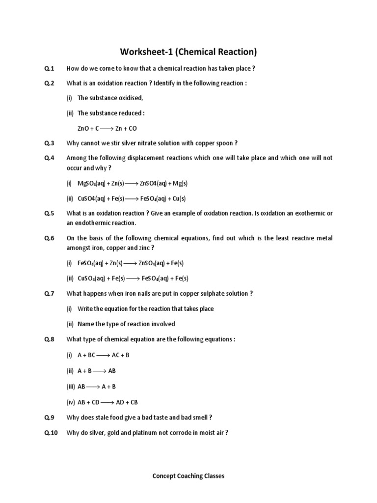 Worksheet-1 (Chemical Reaction) | PDF | Redox | Chemical Reactions