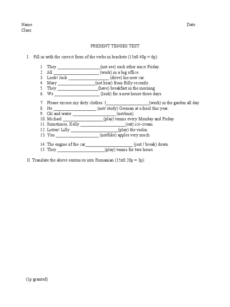 Present Tenses Test | PDF
