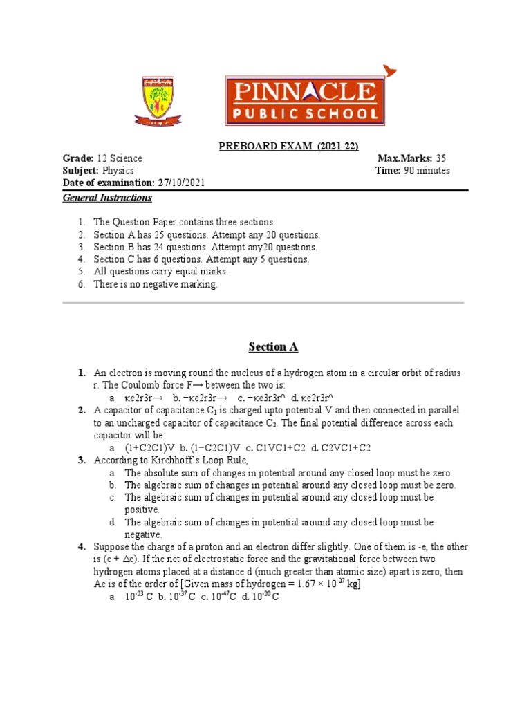 12 Phy Preboard 21-22 | PDF | Inductor | Inductance