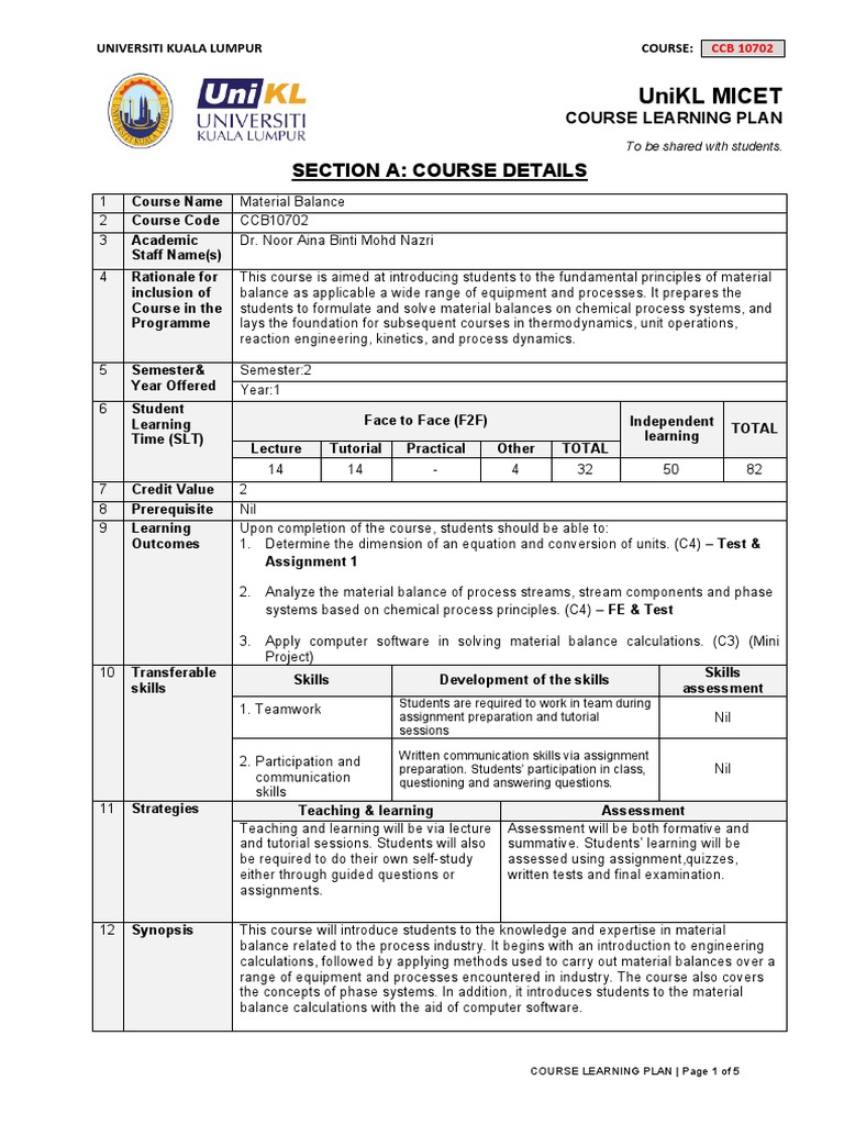 Section A: Course Details: Unikl Micet | PDF | Test (Assessment) | Lecture