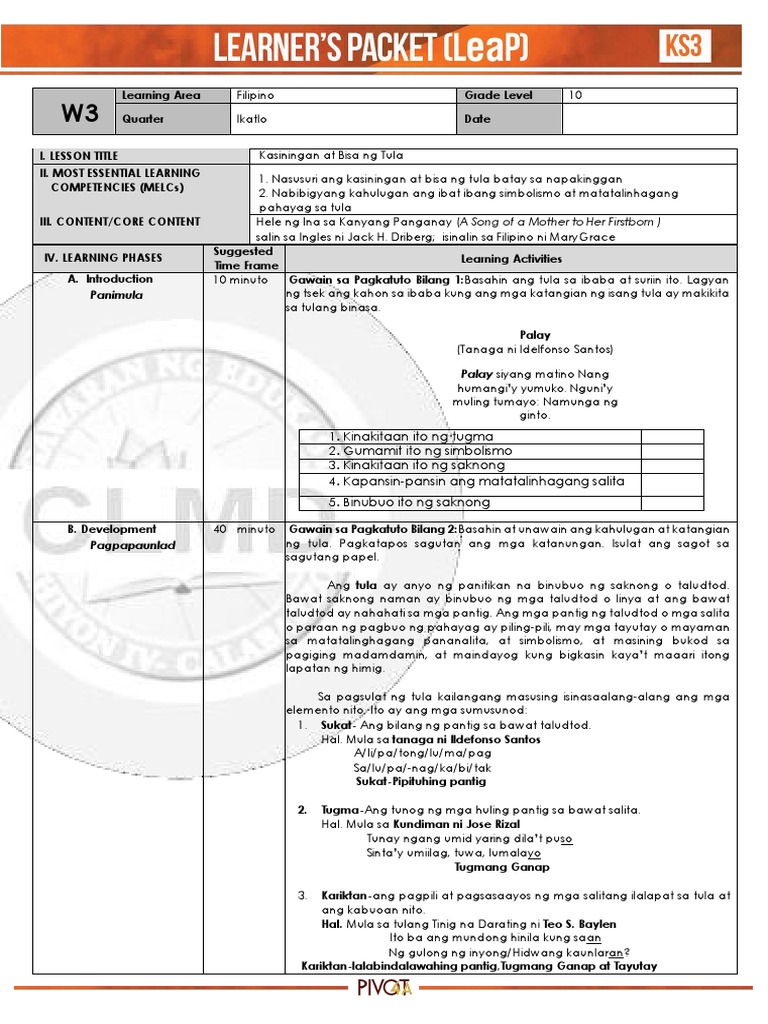 LeaP Filipino G10 Week 3 Q3 | PDF