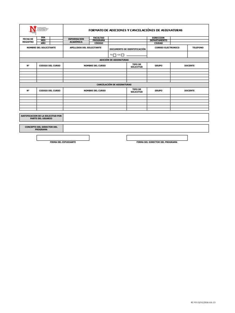 RC FO 13 Formato Adici N Y Cancelaci N De Asignaturas PDF