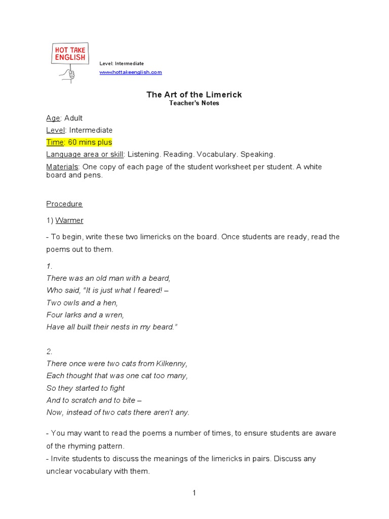 The Art of The Limerick: Teacher's Notes | Download Free PDF | Poetry ...