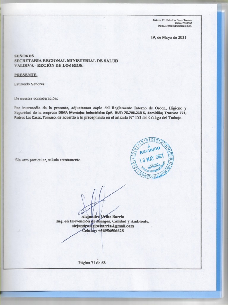 Carta Riohs - Seremi - Dima 2021 (Timbrado) | PDF