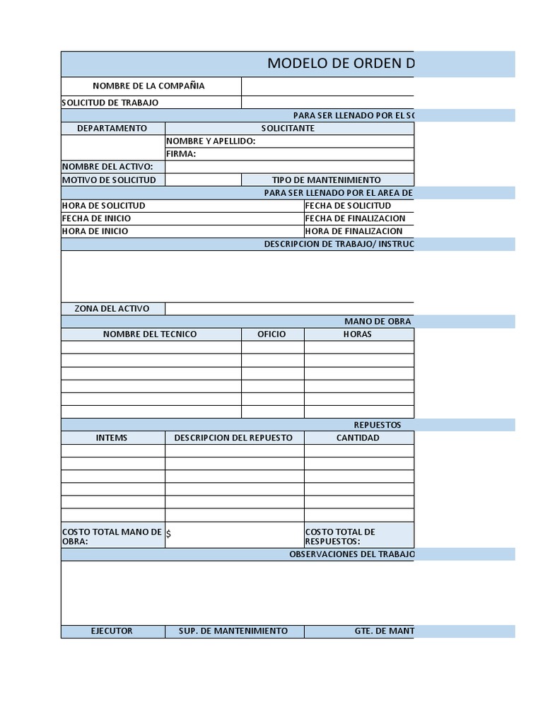 Formato Orden de Trabajo Mecanica de Taller | PDF
