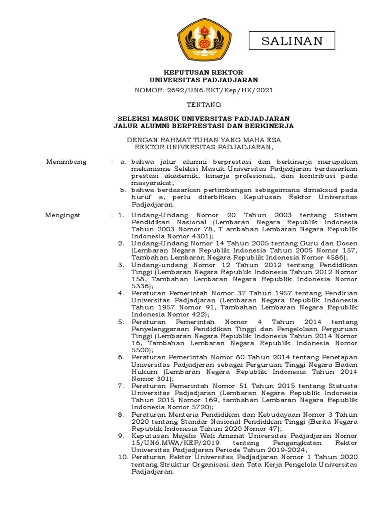 Salinan Keputusan Rektor Nomor 2692 Tahun 2021 Tentang Seleksi Masuk Universitas Padjadjaran ...