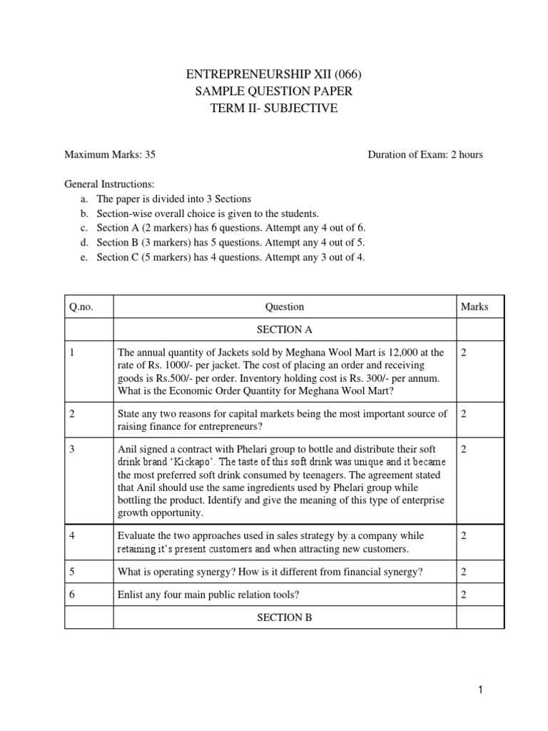 Class 12 Entrepreneurship Sample Paper | PDF | Entrepreneurship | Investor