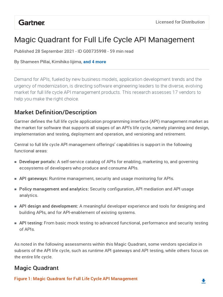 Gartner Magic Quadrant - Full Cycle API Management - 2021 | PDF | Cloud ...