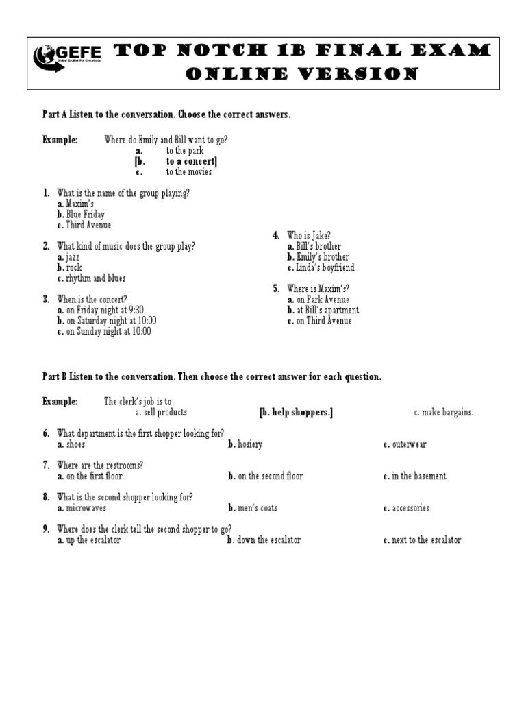 Top Notch 1B Final Exam Online Version | PDF