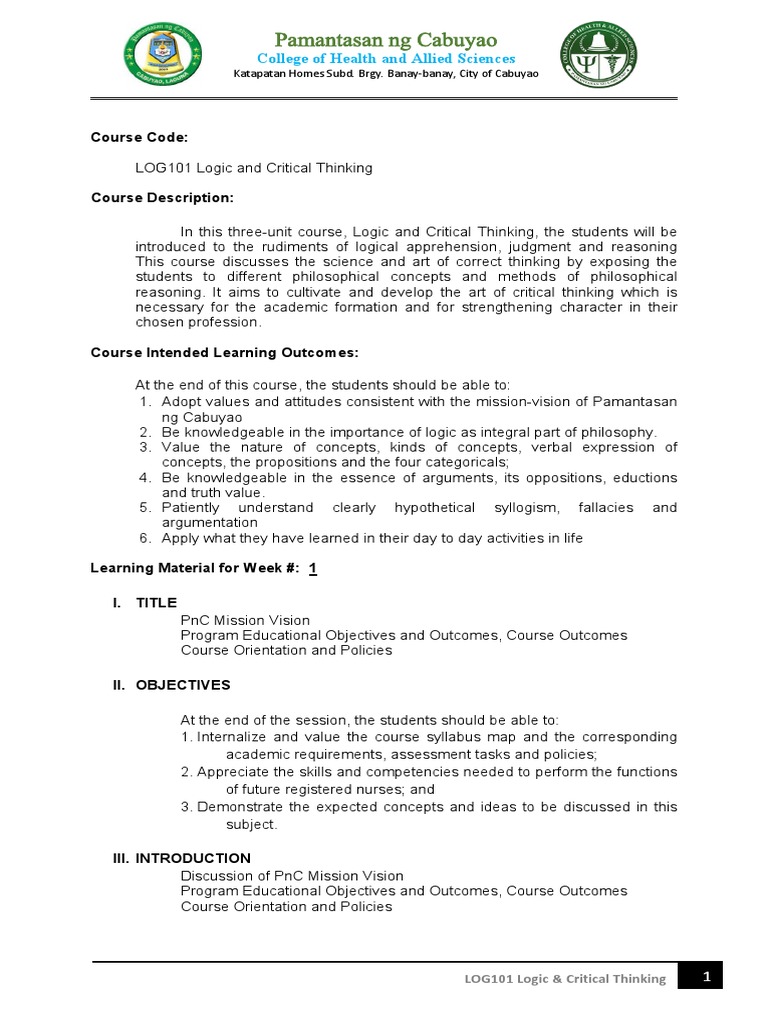 Week 1 LOG101 Logic Learning Material | PDF | Thought | Critical Thinking