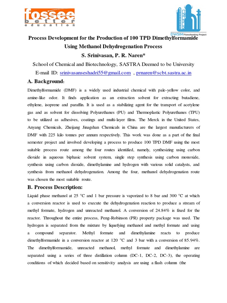 Process Development For The Production of 100 TPD Dimethylformamide ...