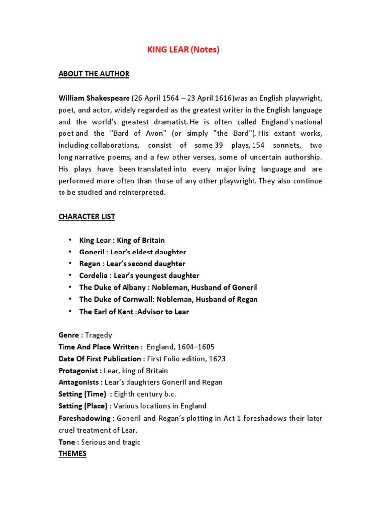 A Comprehensive Summary and Analysis of Shakespeare's King Lear | PDF ...