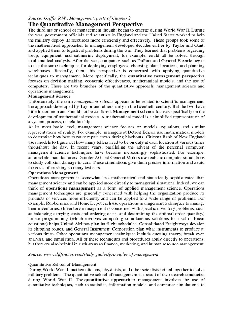 The Quantitative Management Perspective: Source: Griffin R.W ...