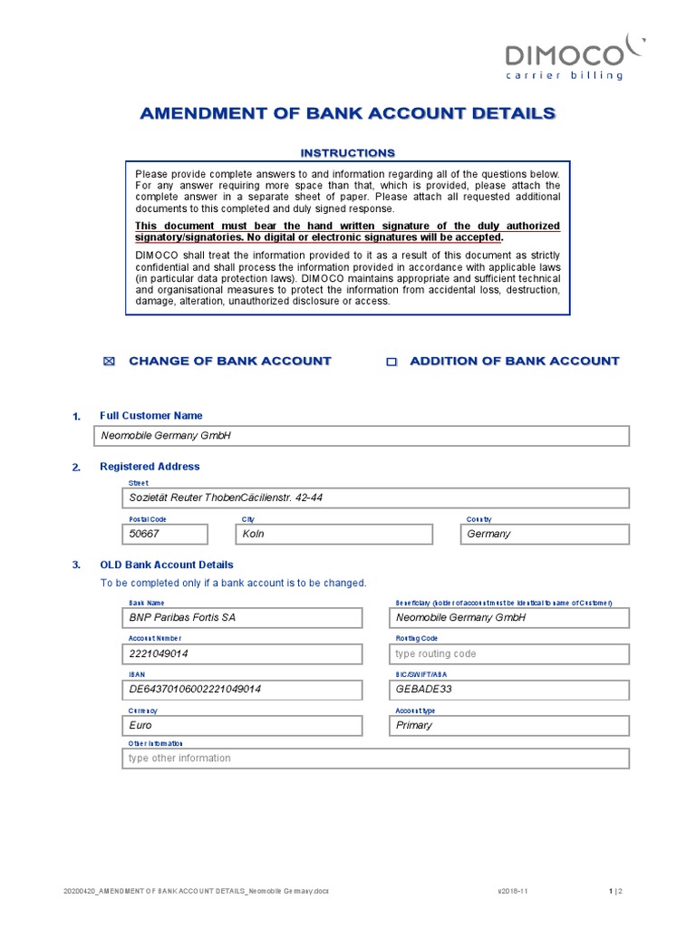AMENDMENT OF BANK ACCOUNT DETAILS - Neomobile Germany | PDF ...