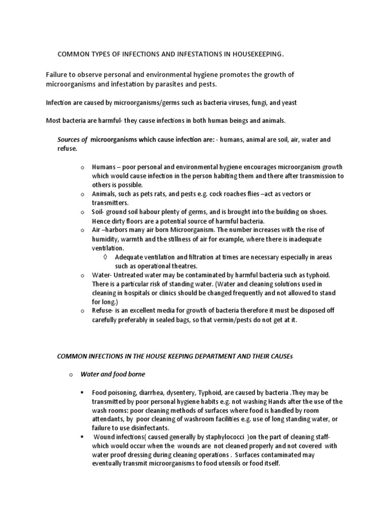 Common Infections and Infestations in Housekeeping | PDF | Hygiene ...