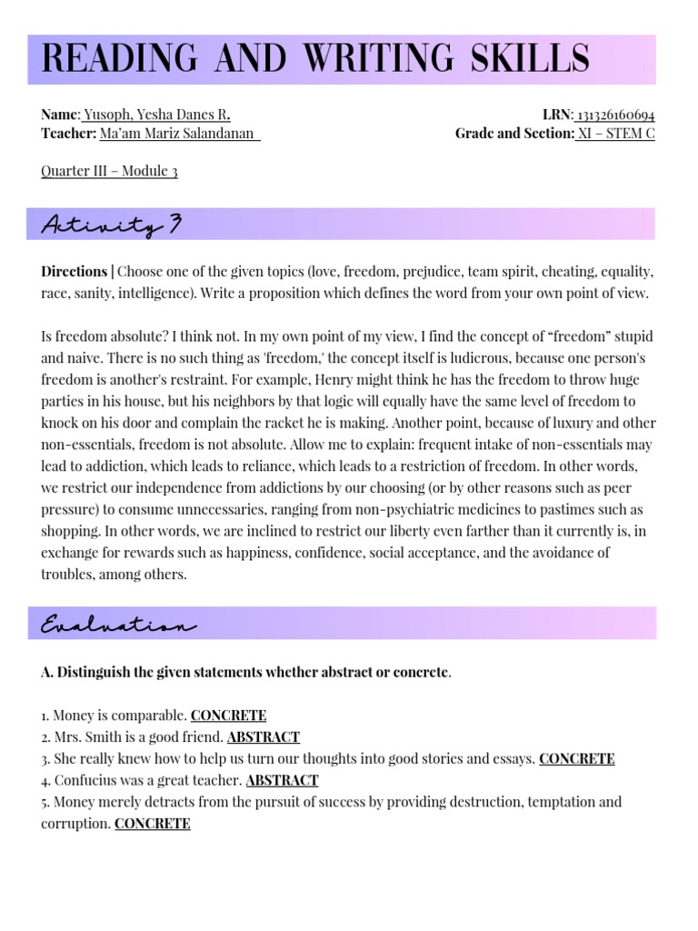 Reading and Writing Skills: Activity 3 | PDF | Cognition