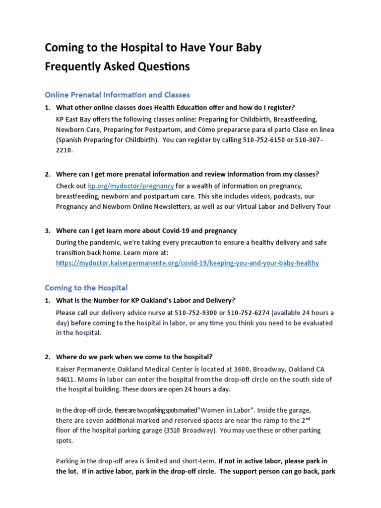 Coming To The Hospital FAQ | PDF | Childbirth | Doula