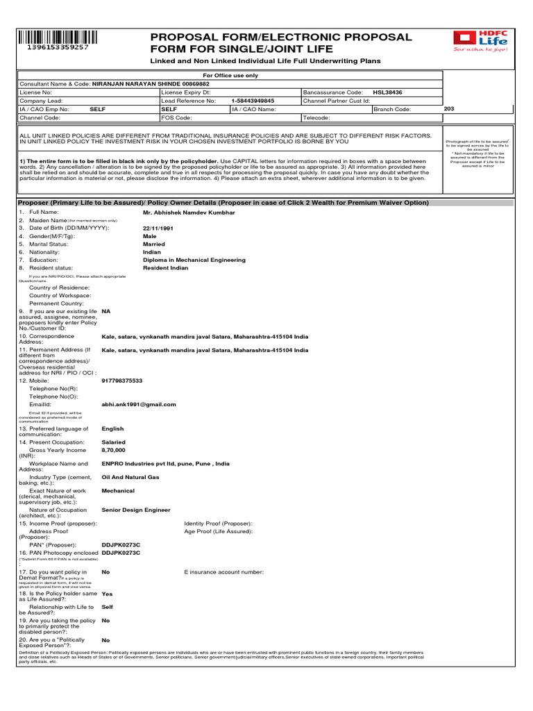 Proposal Form/Electronic Proposal Form For Single/Joint Life | PDF ...