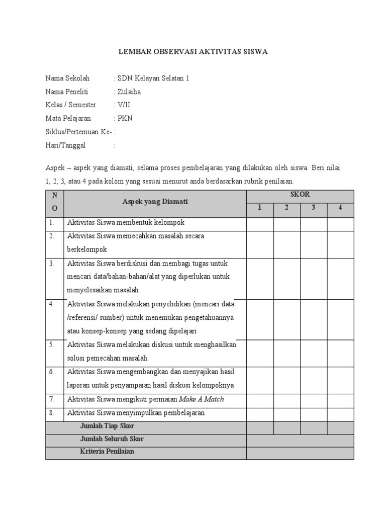Lembar Observasi Aktivitas Siswa | PDF