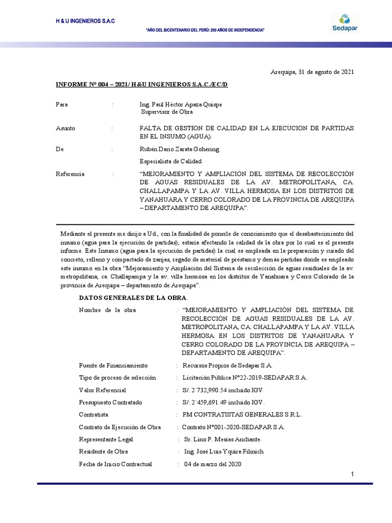 Informe #004 Calidad de Obra. | PDF