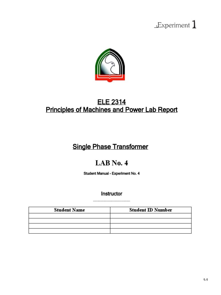 Lab 4 - Single Phase Transformer - Polarity - Regulation - REF25988 ...