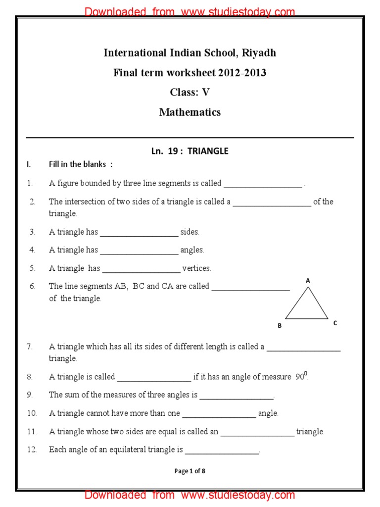 CBSE Class 5 Mathematics Worksheet - Triangle | PDF | Triangle | Polytopes