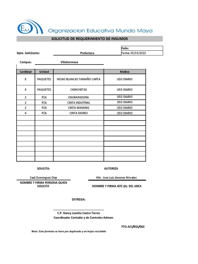 Formato de Requerimiento de Insumos 9 | PDF