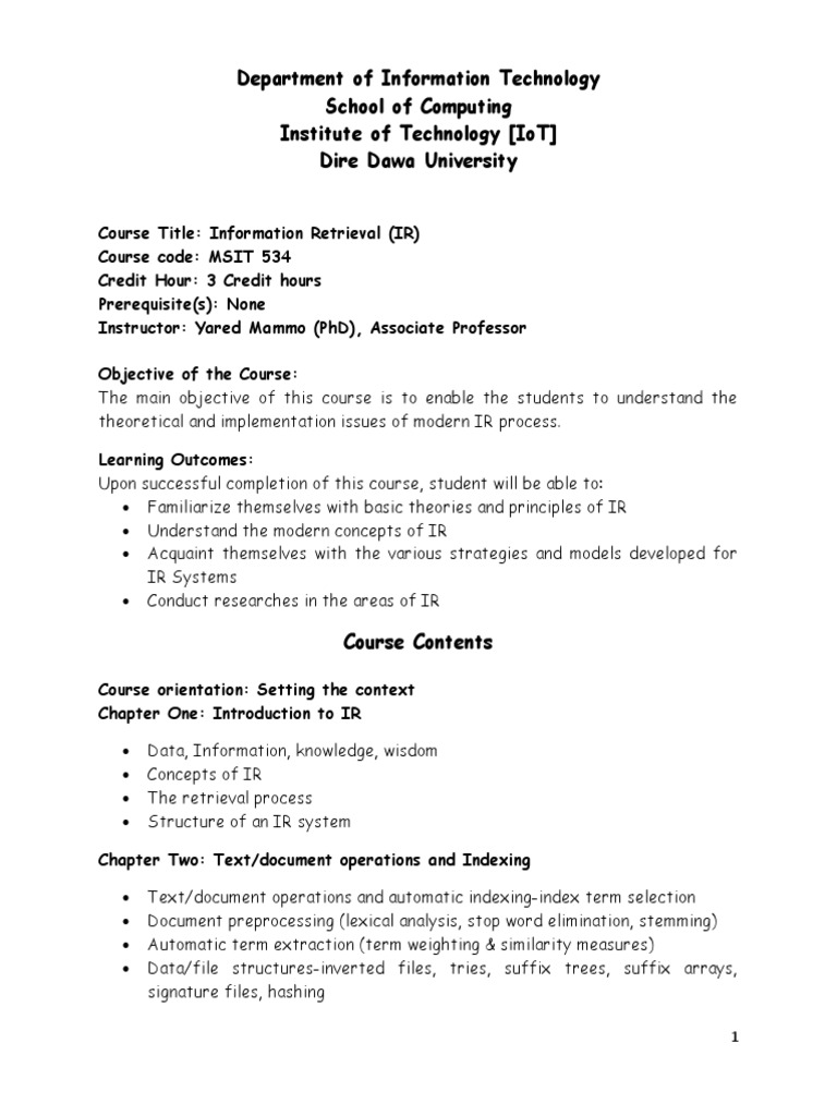 Information Retrieval Course Outline Nov 2014 Fsts 1 Pdf