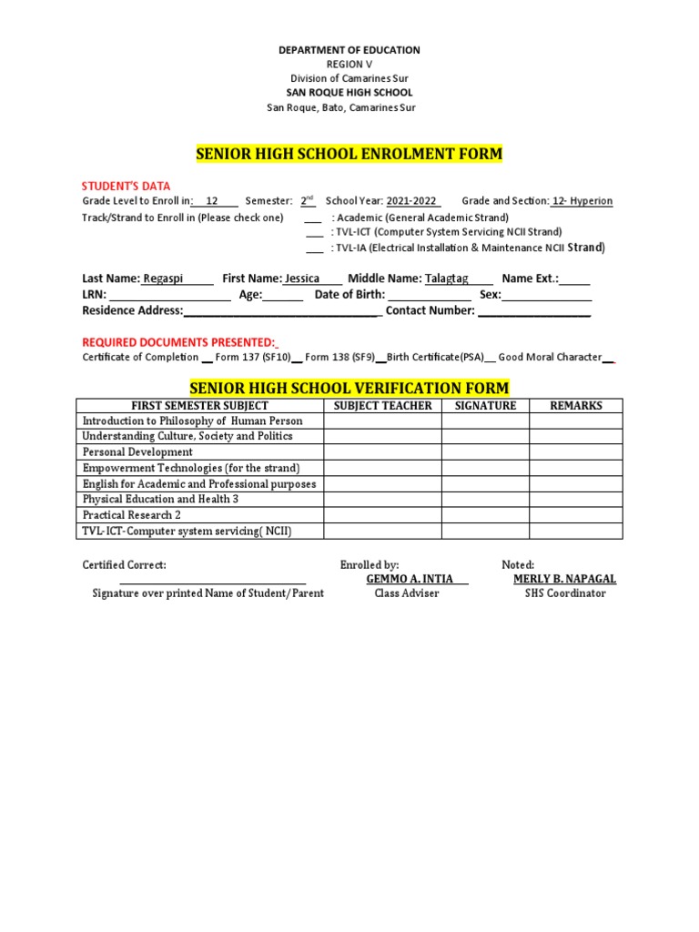 Senior High School Enrolment Form: Student'S Data | PDF
