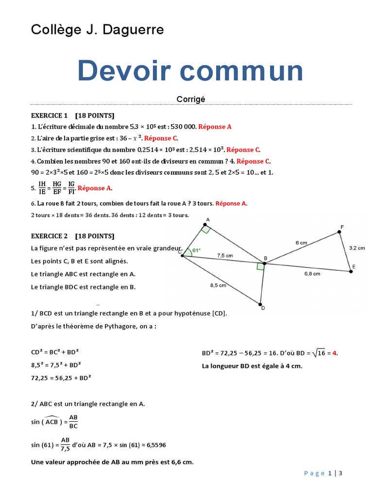 Devoir Commun Daguerre 3eme 2020 Corrige | PDF | Formes géométriques | Mathématiques élémentaires