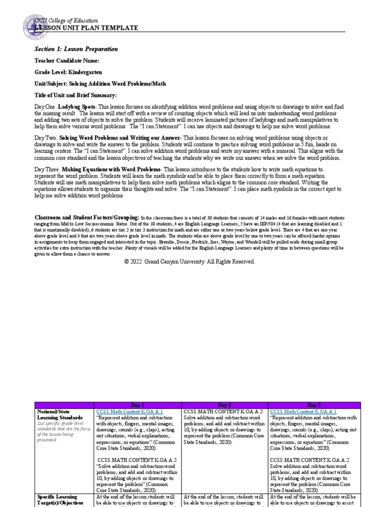 Section 1: Lesson Preparation: Lesson Unit Plan Template | PDF | Common ...