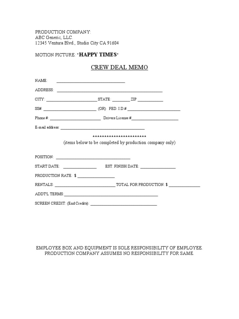 Crew Deal Memo Template Document Download2 | PDF | Employment | Arbitration