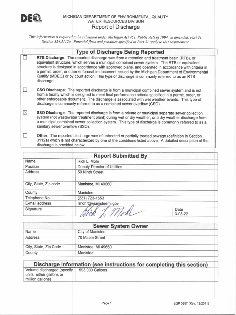Manistee Sanitary Sewer Overflow Report | PDF