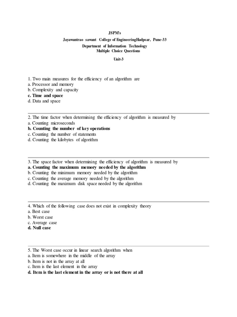 FDS - Unit 3 - MCQ | PDF | Array Data Structure | Time Complexity