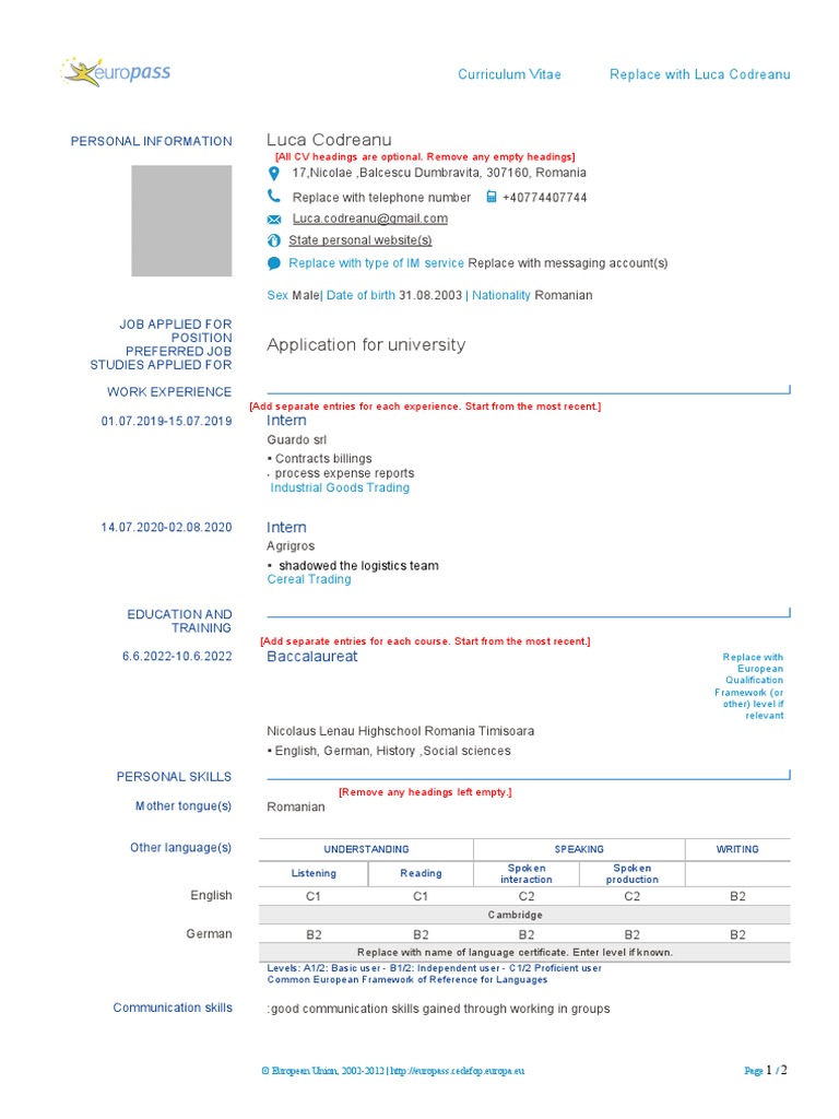 Europass CV Template | PDF | Cognitive Science | Human Communication
