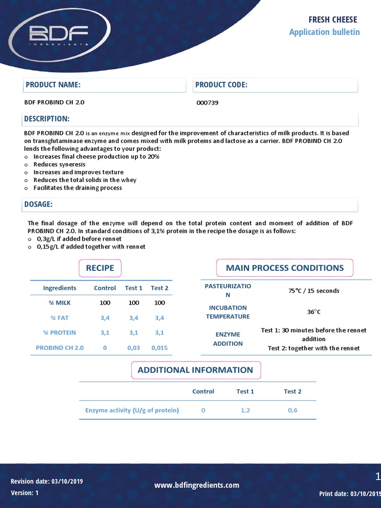 Fresh Cheese - Yield - BDF PROBIND CH 2.0 - English | PDF | Cheese | Milk