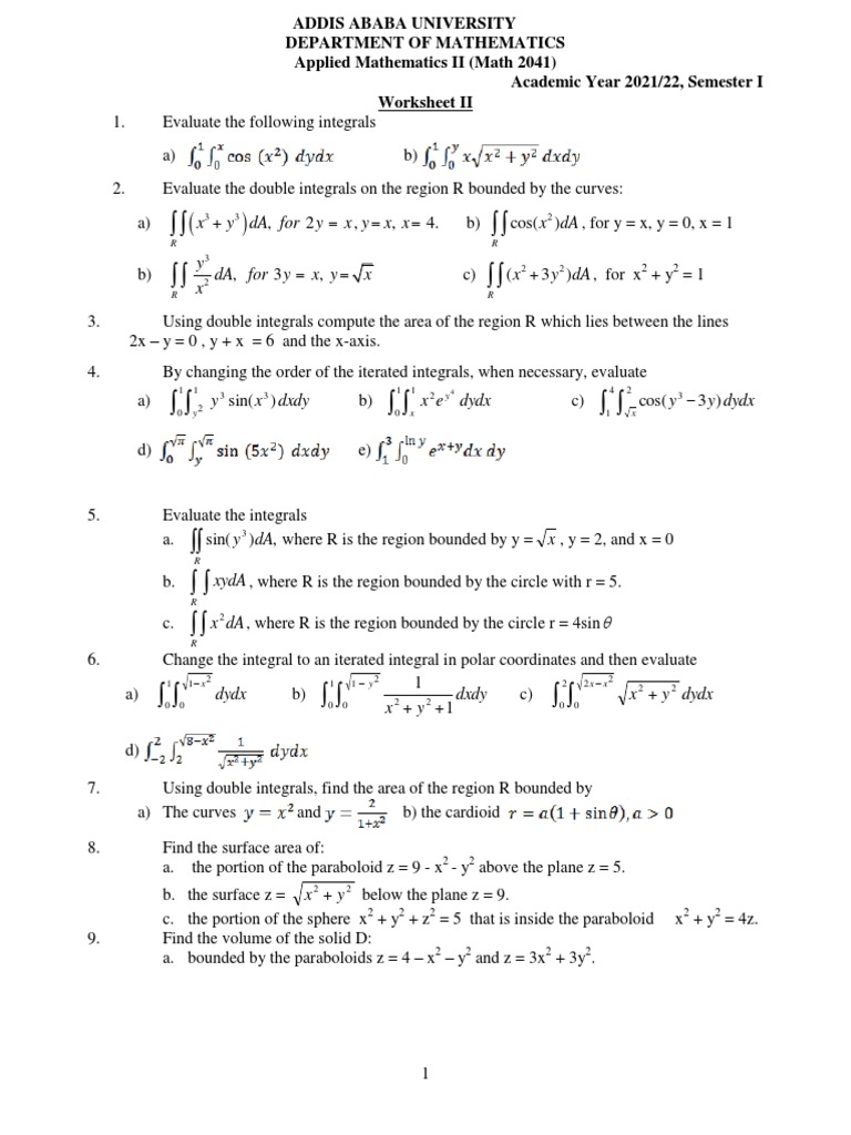 Worksheet I I Math 2041 | PDF | Integral | Geometry