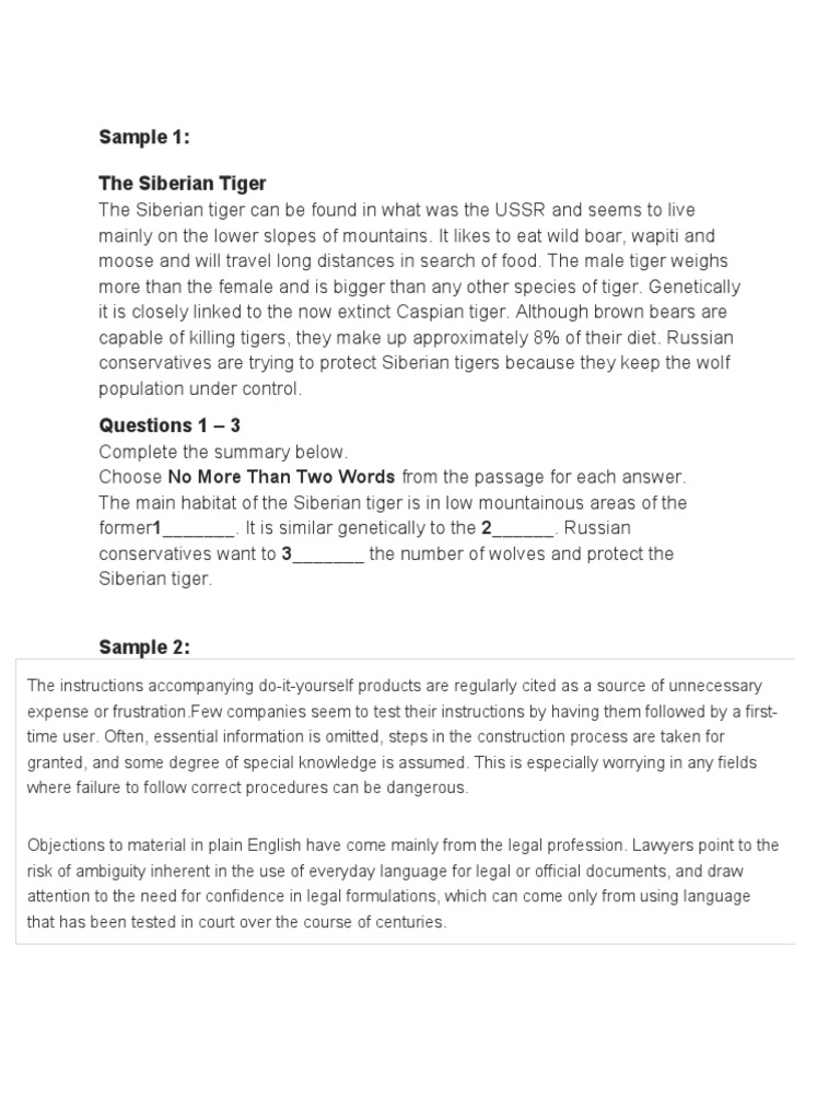 IELTS Reading Summary Completion Questions | PDF | Tiger