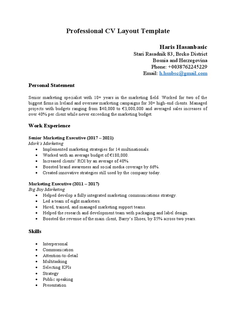 Professional CV Layout Template: Personal Statement | PDF | Business