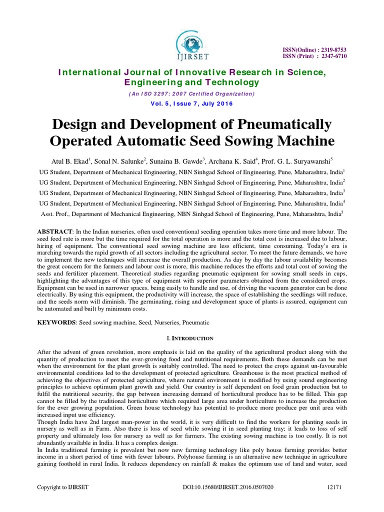 Design and Development of Pneumatically Operated Automatic Seed Sowing ...