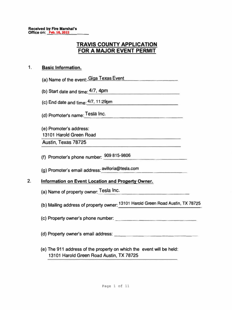 Travis County Application For A Major Event Permit: Basic Information | PDF