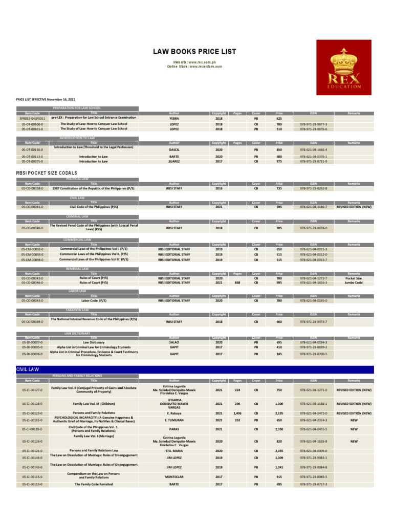 Rex Education REX Book Store Law Books Pricelist As of Feb 2 2022 | PDF ...