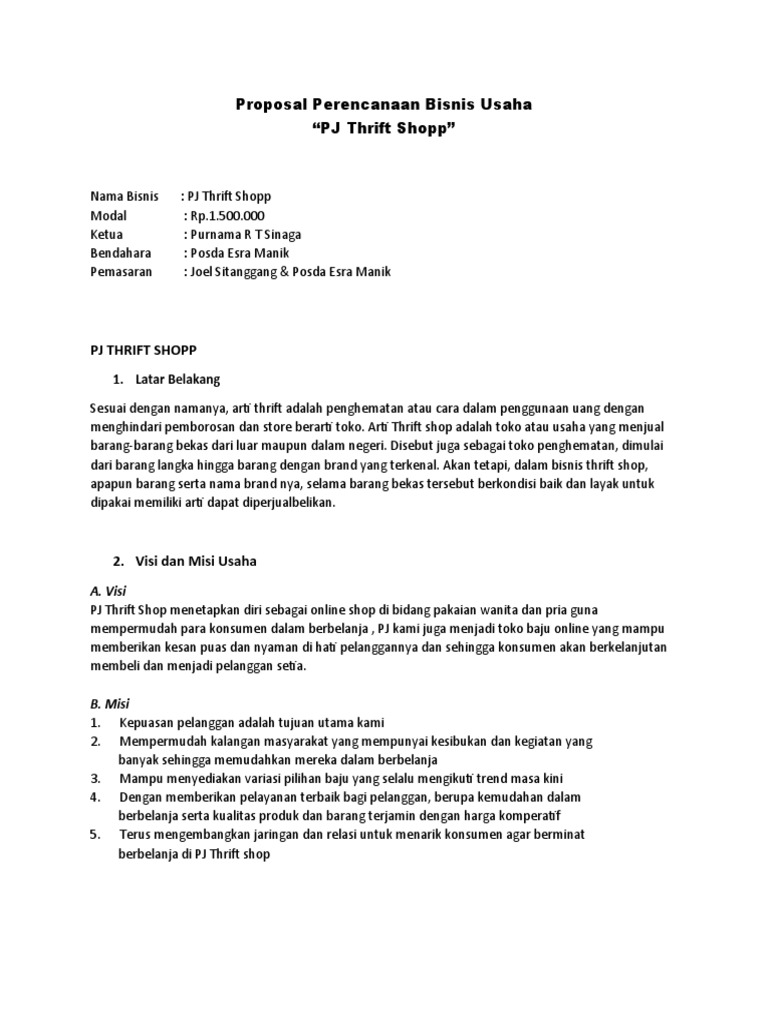 Proposal Perencanaan Bisnis Usaha PJ Thrift Shopp - Kelompok 1 - MB-4D | PDF | Bisnis