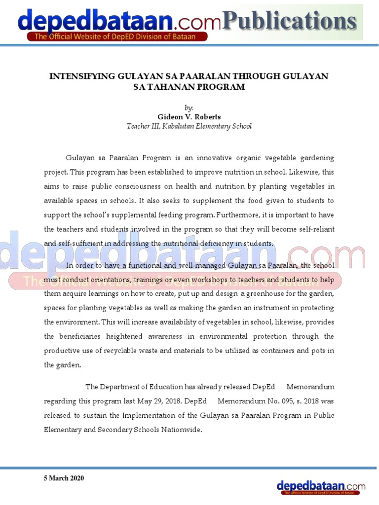 Intensifying Gulayan Sa Paaralan Through Gulayan Sa Tahanan Program | PDF