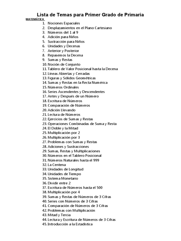Lista De Temas Para Primer Grado De Primaria Pdf Sustracción