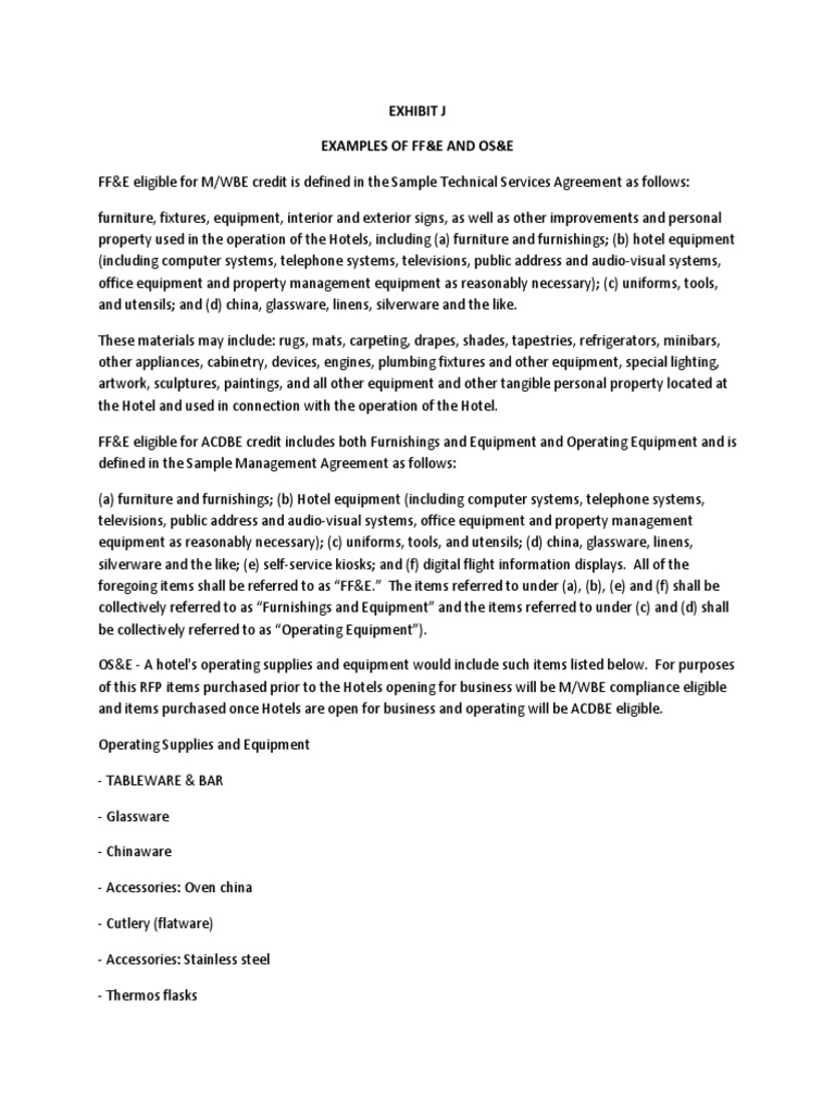 Exhibit J Examples of Ff&E and Os&E | PDF | Bed | Tableware