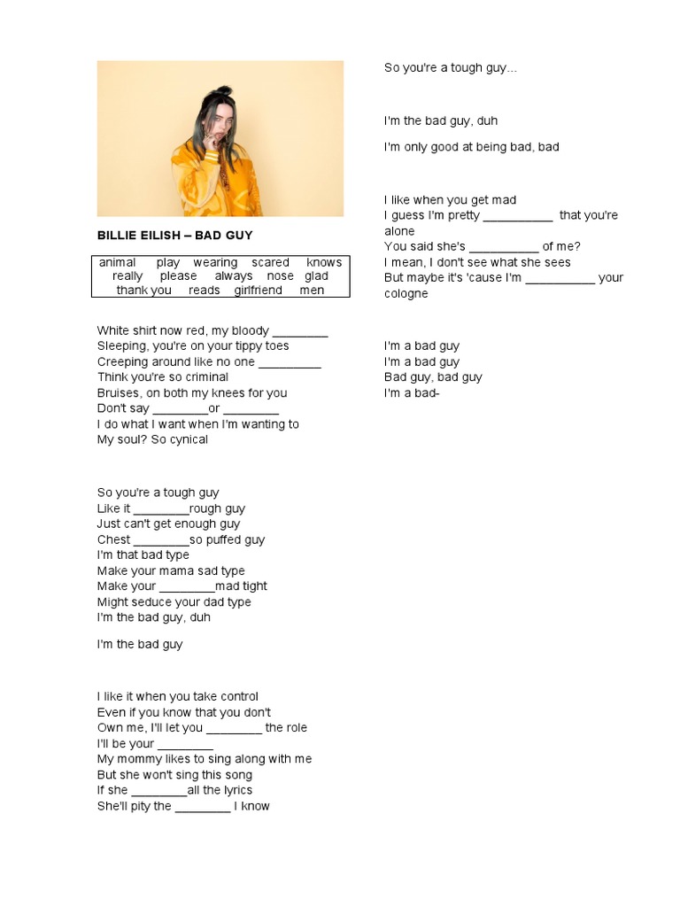 Song Billie Eilish Bad Guy Activities With Music Songs Nursery Rhymes ...